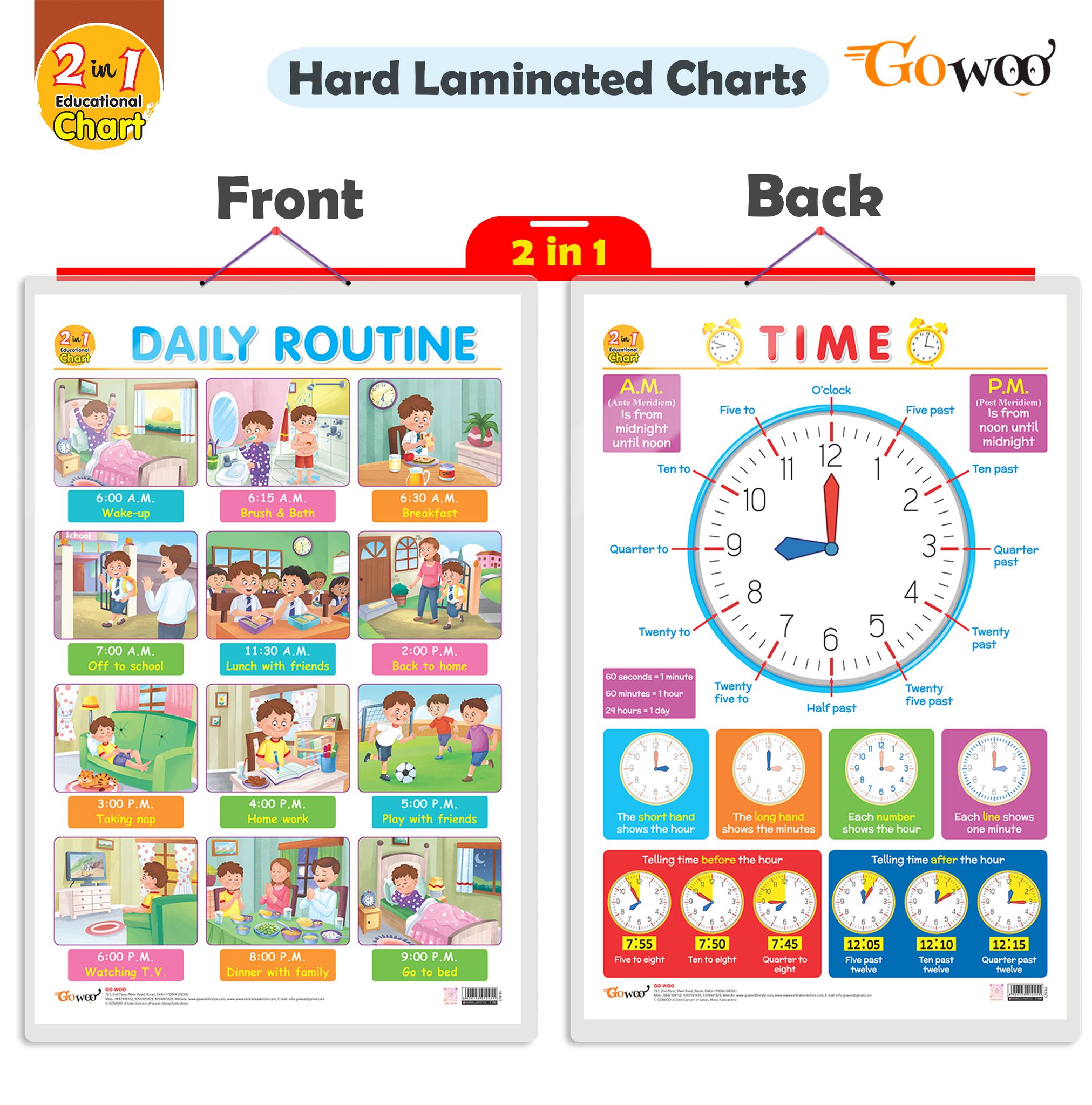 2 IN 1 DAILY ROUTINE AND TIME Early Learning Educational Chart for Kids ...