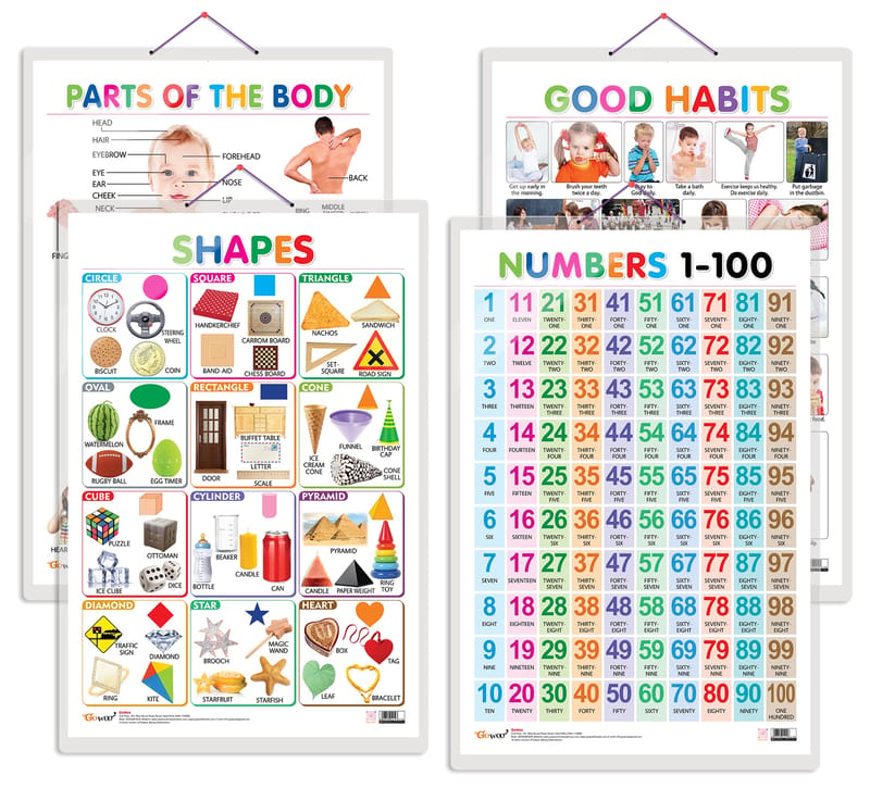 Set of 4 Shapes, Parts of the Body, Good Habits and Numbers 1-100 Early ...