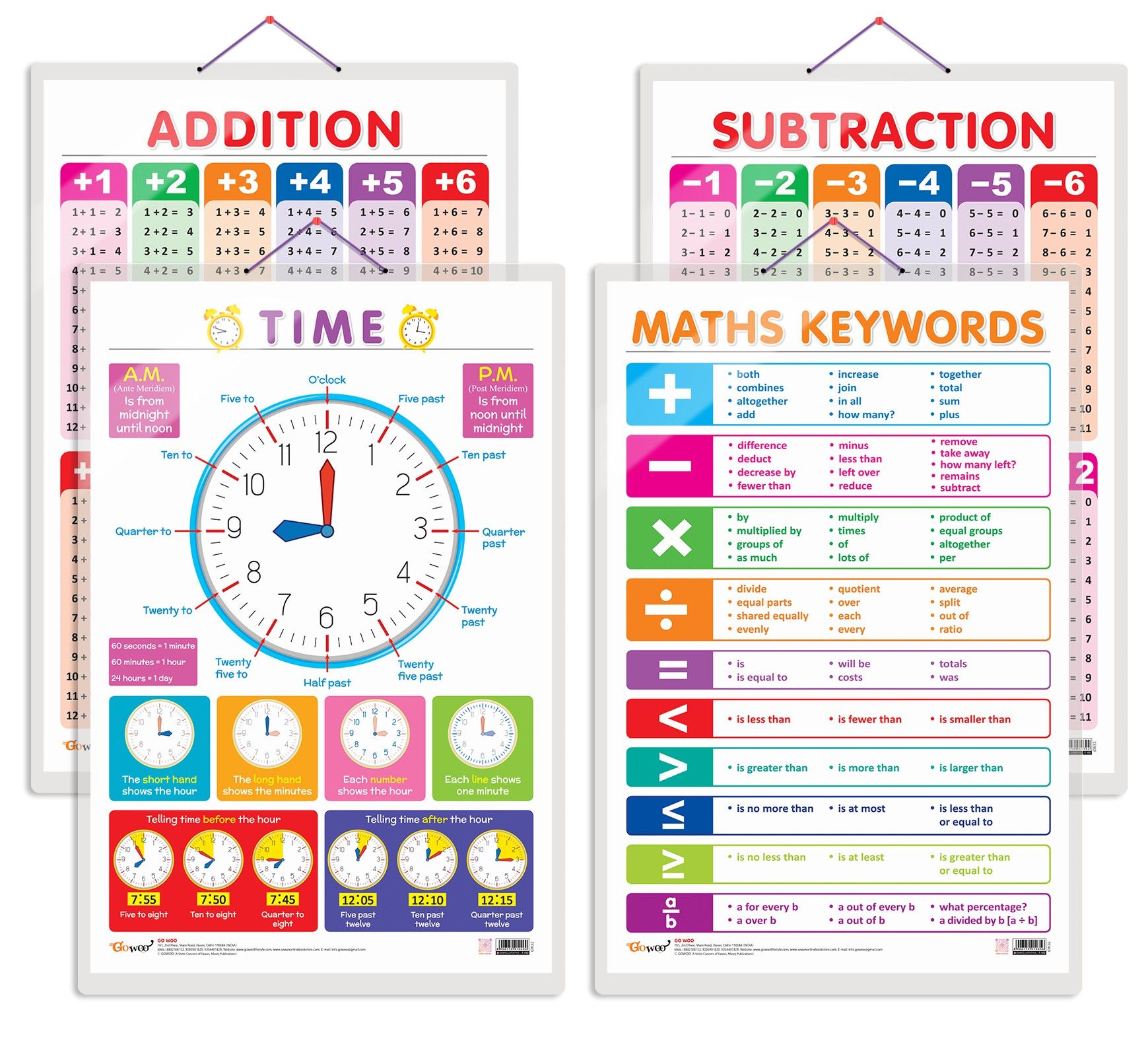 Set of 4 TIME, SUBTRACTION, ADDITION and MATHS KEYWORDS Early Learning ...