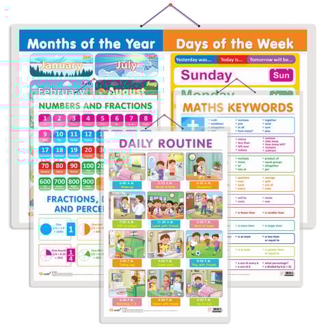 Set of 4 NUMBERS AND FRACTIONS, MATHS KEYWORDS, MONTHS OF THE YEAR AND ...