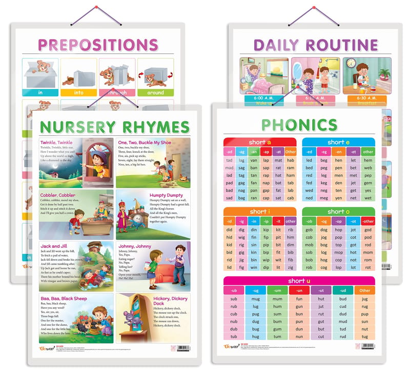 Set of 4 DAILY ROUTINE, NURSERY RHYMES, PREPOSITIONS and PHONICS - 1 ...
