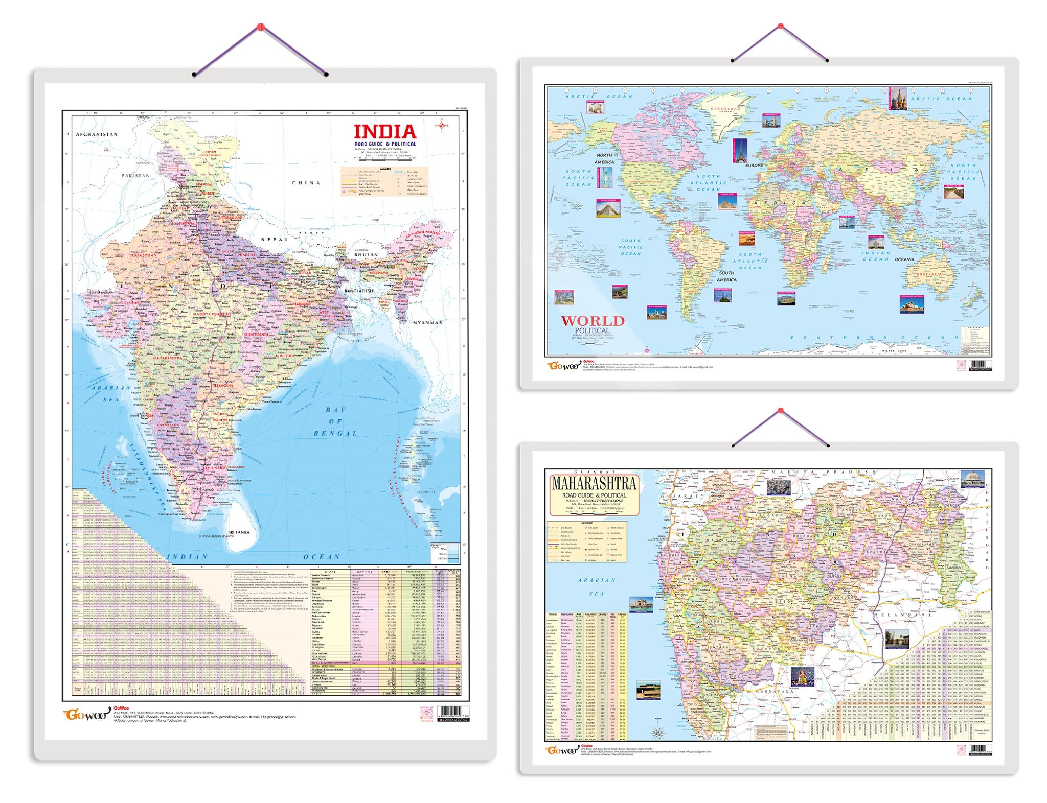 Set of 3 Indian Road Guide & Political, World Political and Maharashtra ...