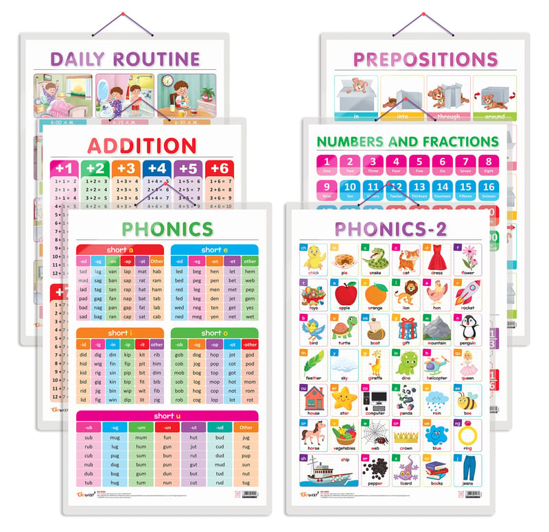 Set of 6 ADDITION, NUMBERS AND FRACTIONS, DAILY ROUTINE, PREPOSITIONS ...