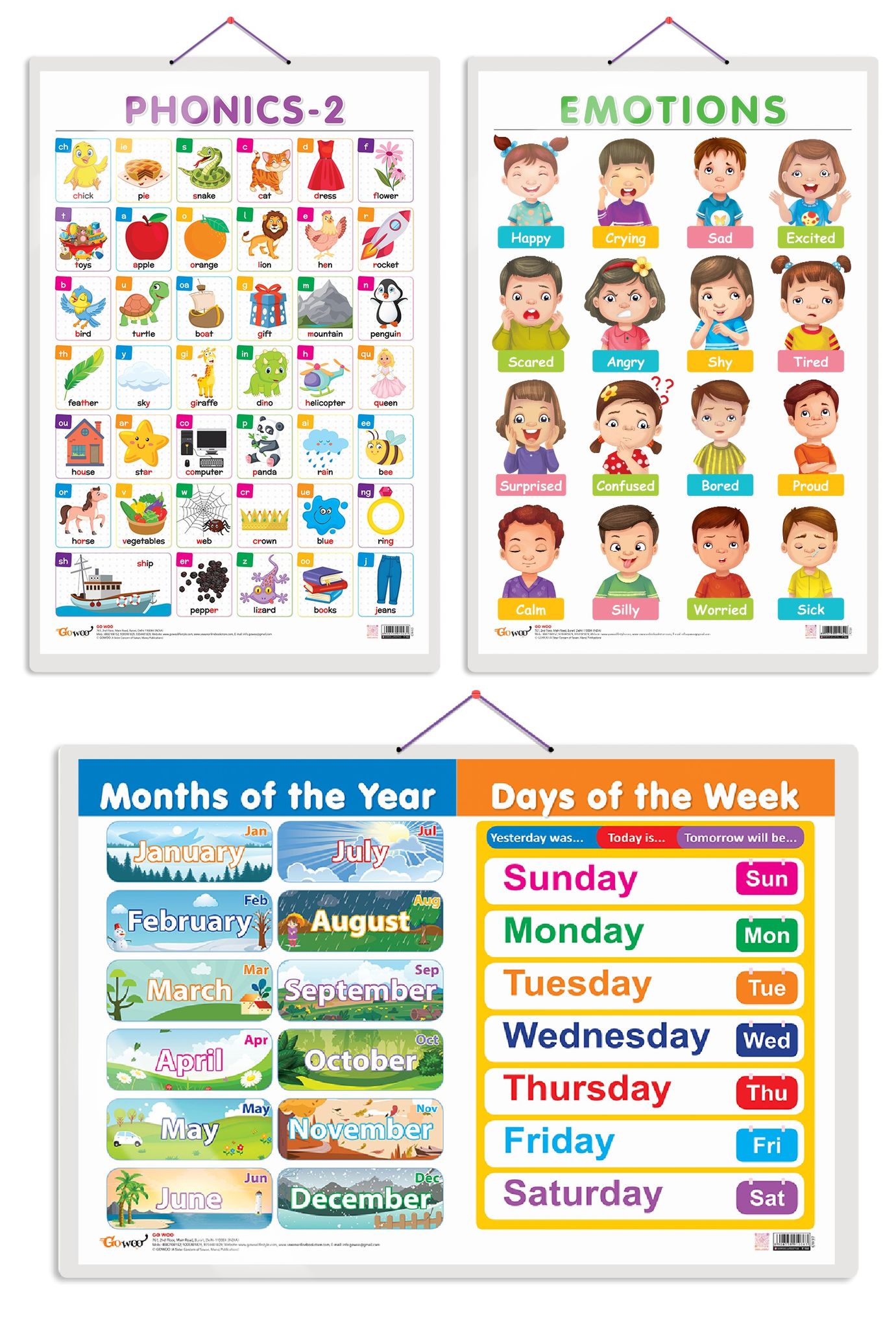 Set of 3 MONTHS OF THE YEAR AND DAYS OF THE WEEK, EMOTIONS and PHONICS ...