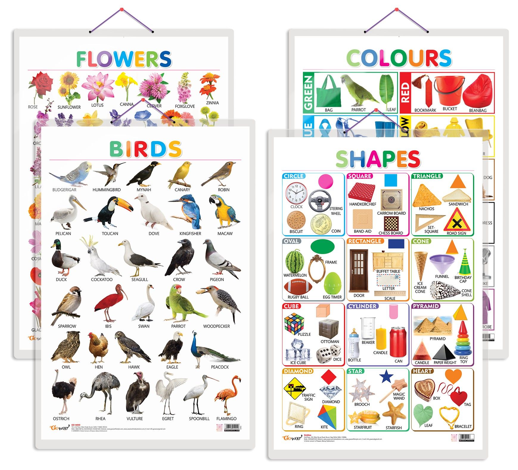 Set of 4 Birds, Flowers, Colours and Shapes Early Learning Educational ...