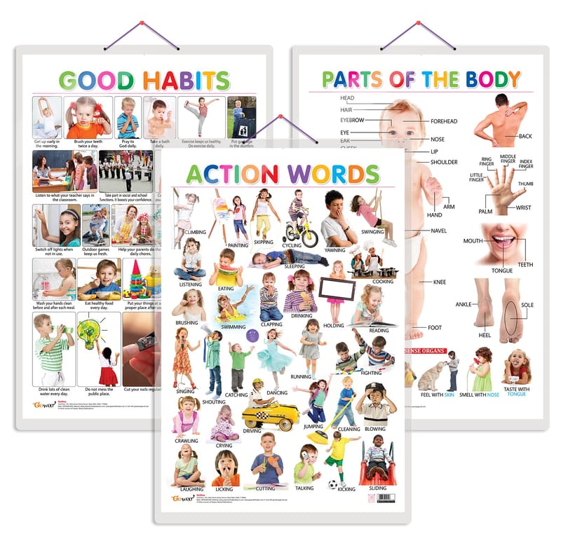 Set of 3 Parts of the Body, Good Habits and Action Words Chart for Kids ...