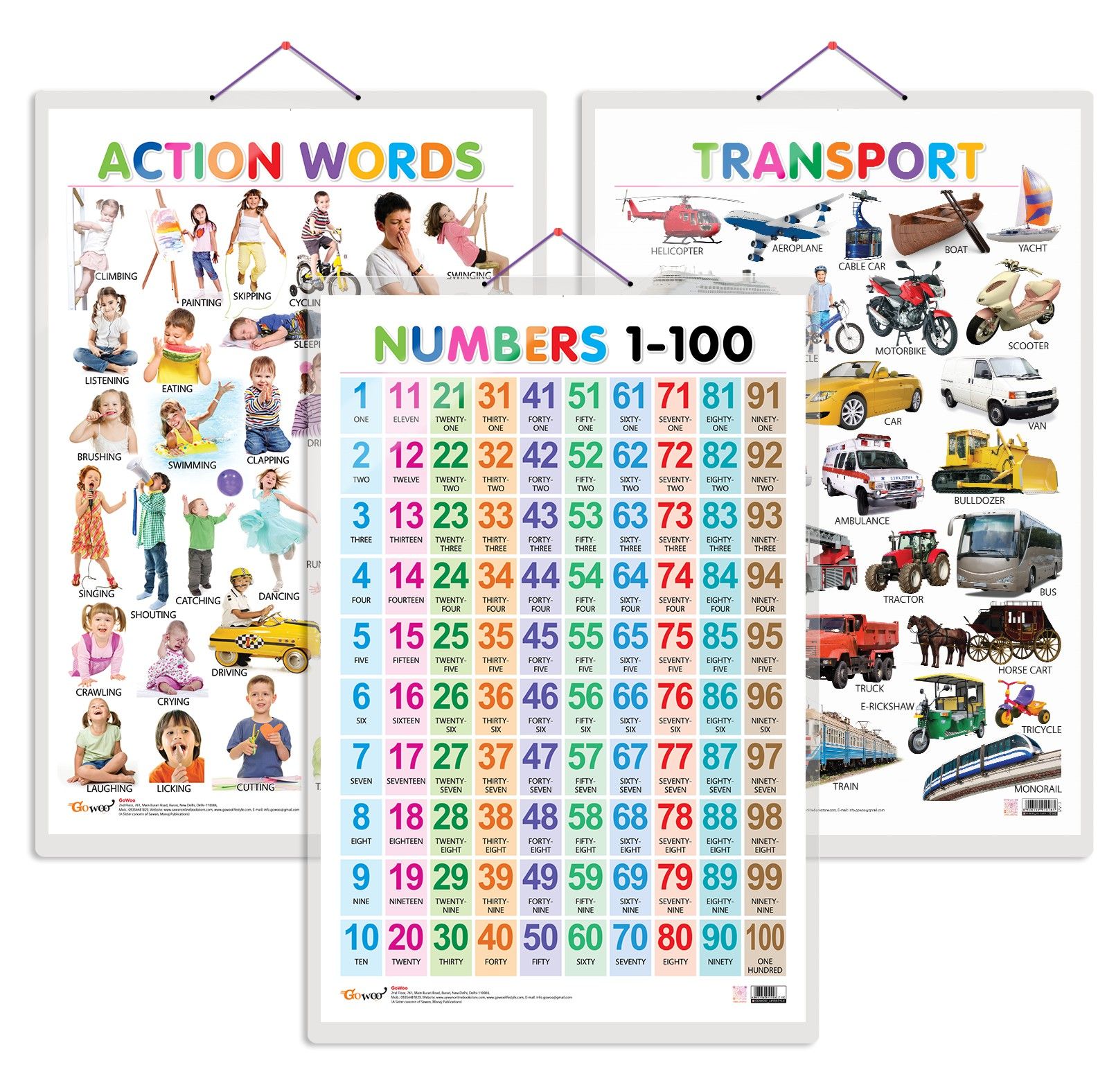 Set of 3 Action Words, Transport and Numbers 1-100 Early Learning ...