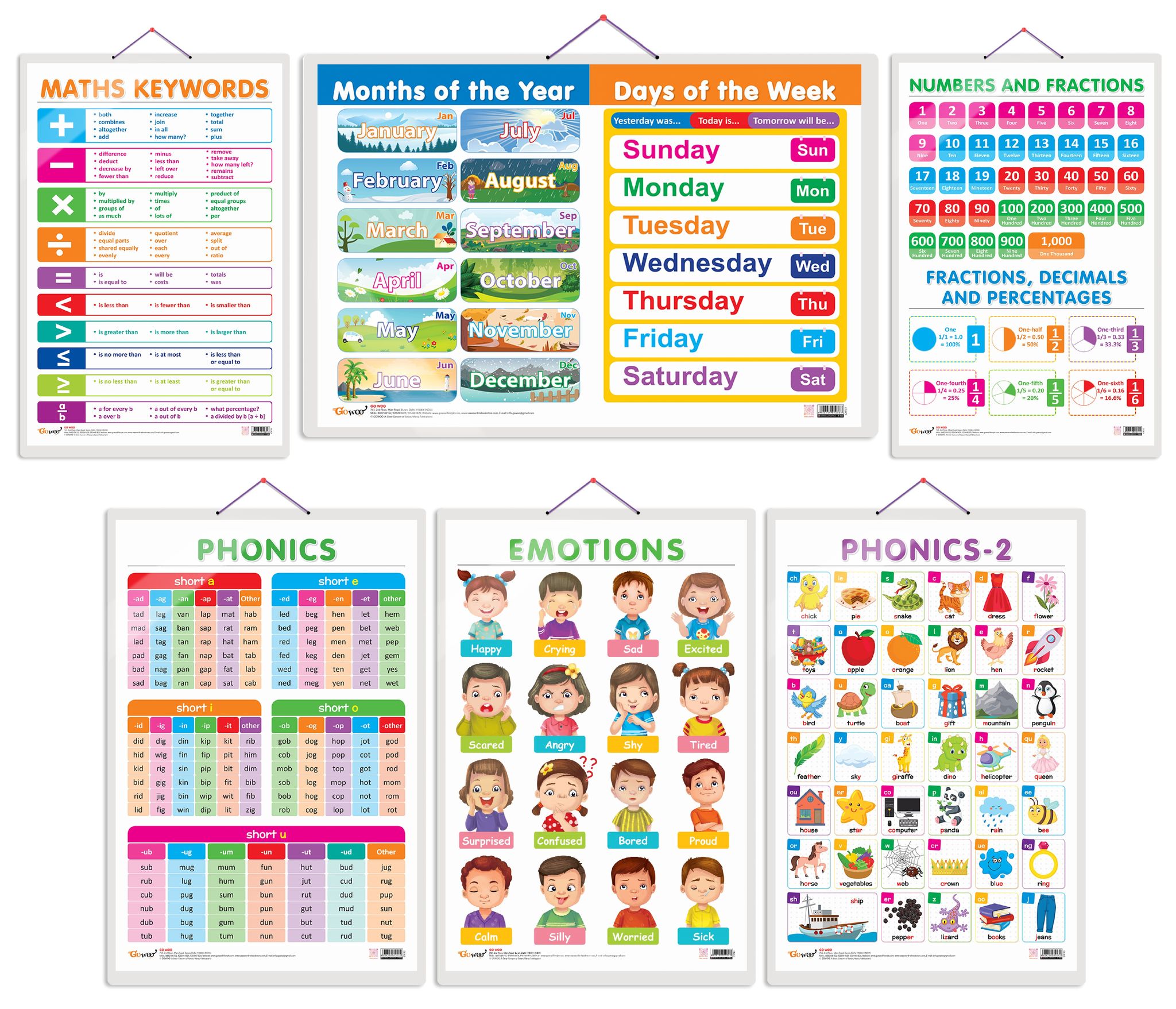 Set of 6 NUMBERS AND FRACTIONS, MATHS KEYWORDS, MONTHS OF THE YEAR AND ...