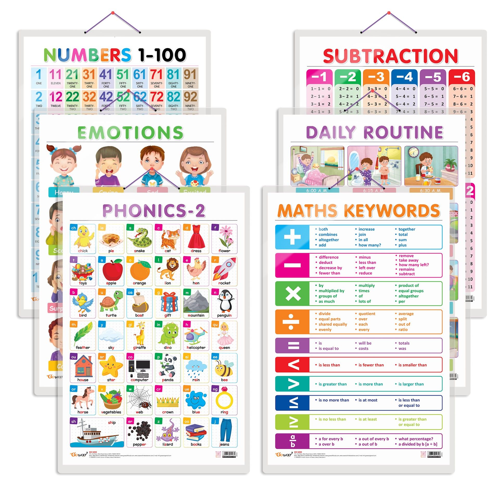 Set of 6 Numbers 1-100, SUBTRACTION, MATHS KEYWORDS, EMOTIONS, DAILY ROUTINE and PHONICS - 2 ...