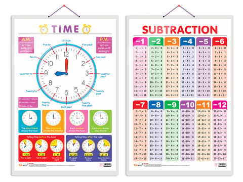 Set of 2 TIME and SUBTRACTION Early Learning Educational Charts for ...
