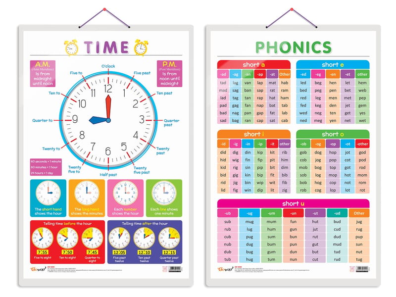 Set of 2 TIME and PHONICS - 1 Early Learning Educational Charts for ...