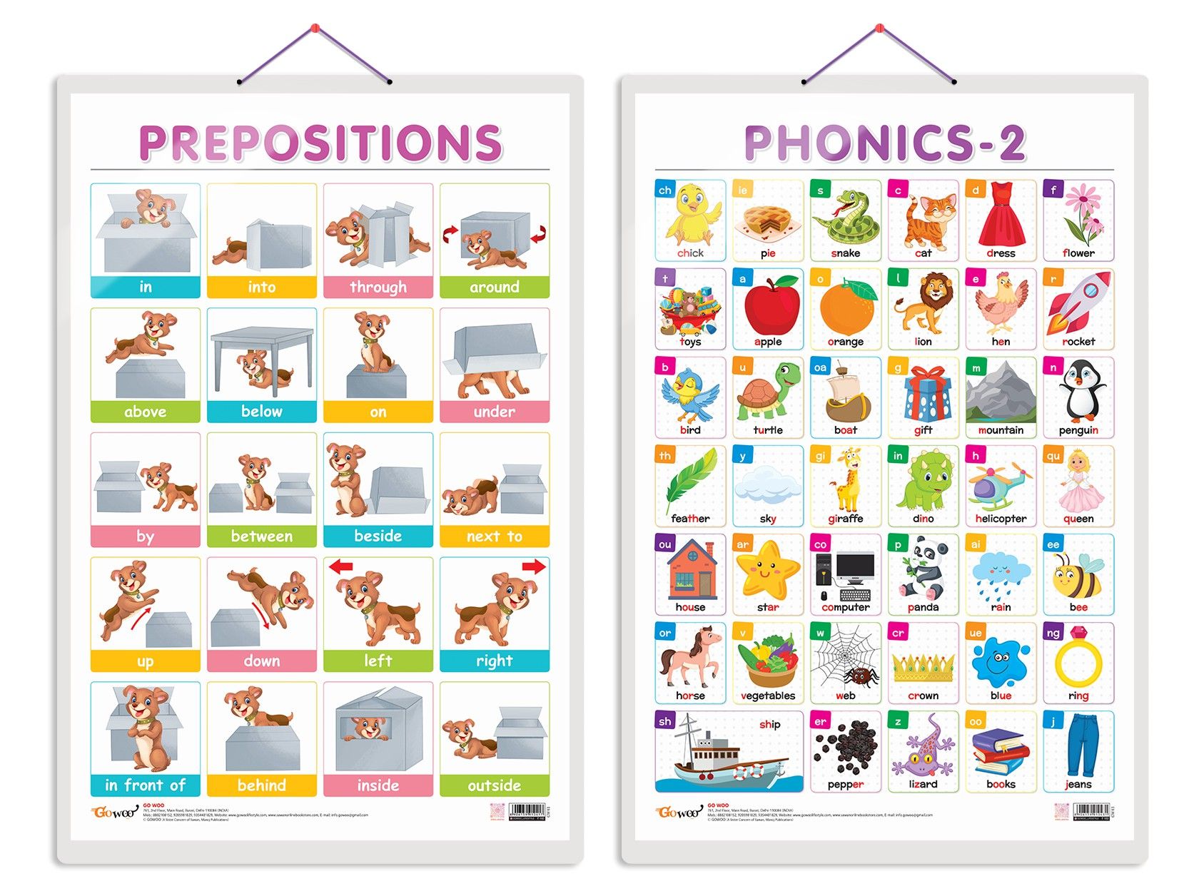 Set of 2 PREPOSITIONS and PHONICS - 2 Early Learning Educational Charts ...