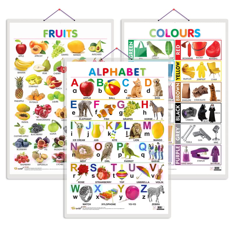 Set of 3 Alphabet, Fruits and Colours Early Learning Educational Charts ...