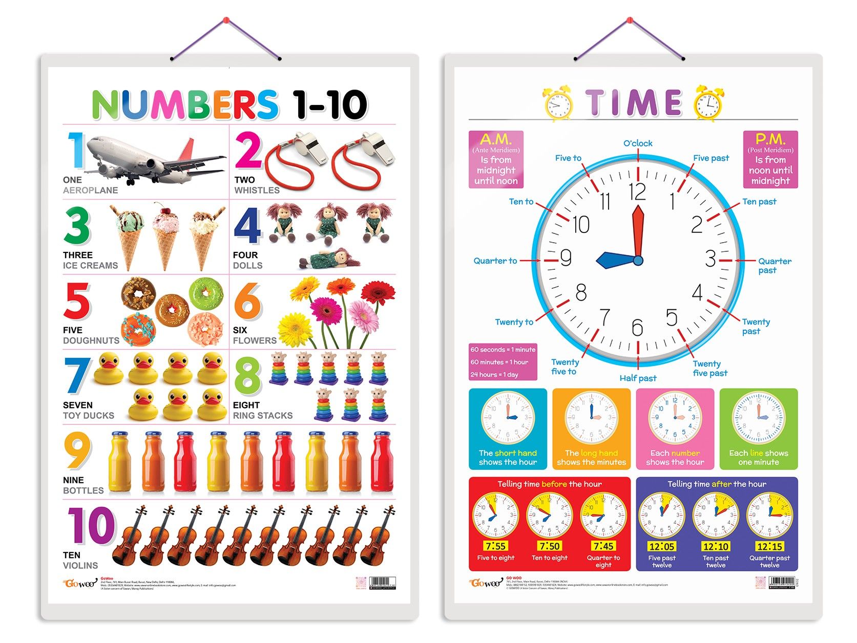 Set of 2 Numbers 1-10 and TIME Early Learning Educational Charts for ...
