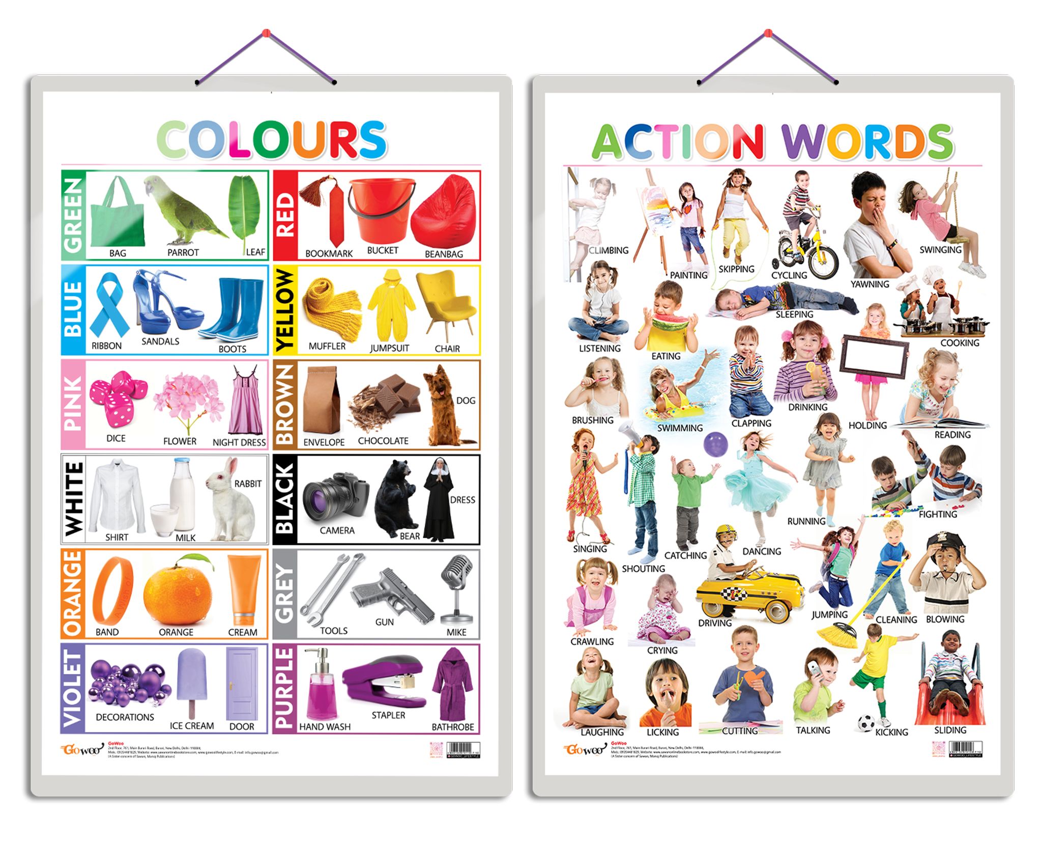 Set of 2 Colours and Action Words Early Learning Educational Charts for ...