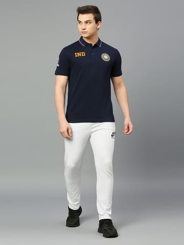 Official ICC CWC-23 Men Navy Blue Solid Short Sleeves Polo Collar T-Shirt
