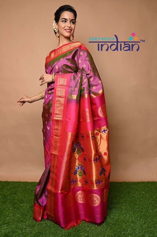 Pure Silk Handloom Maharani Paithani - Dual Tone Pink Saree with Gold ...