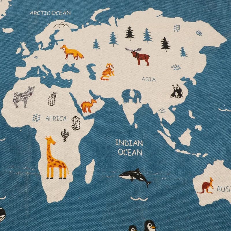 World map kids floor play mat, blue, white, yellow, 50x37