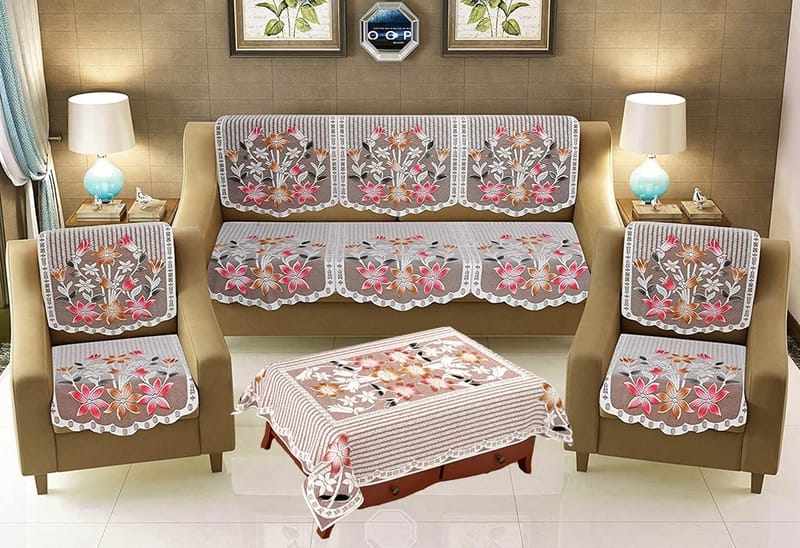 HOMECROWN Polyester Cotton Net Fabric Floral Design 5 Seater Sofa Cover ...