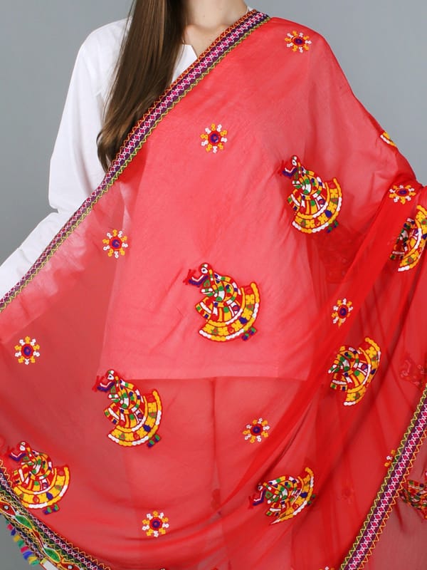 Red Phulkari Dupatta With Sequin Embroidered Dandiya Motif And Saori ...