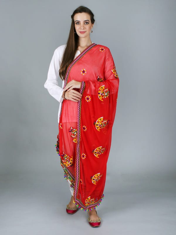 Red Phulkari Dupatta With Sequin Embroidered Dandiya Motif And Saori ...