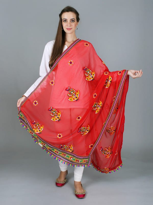 Red Phulkari Dupatta With Sequin Embroidered Dandiya Motif And Saori ...