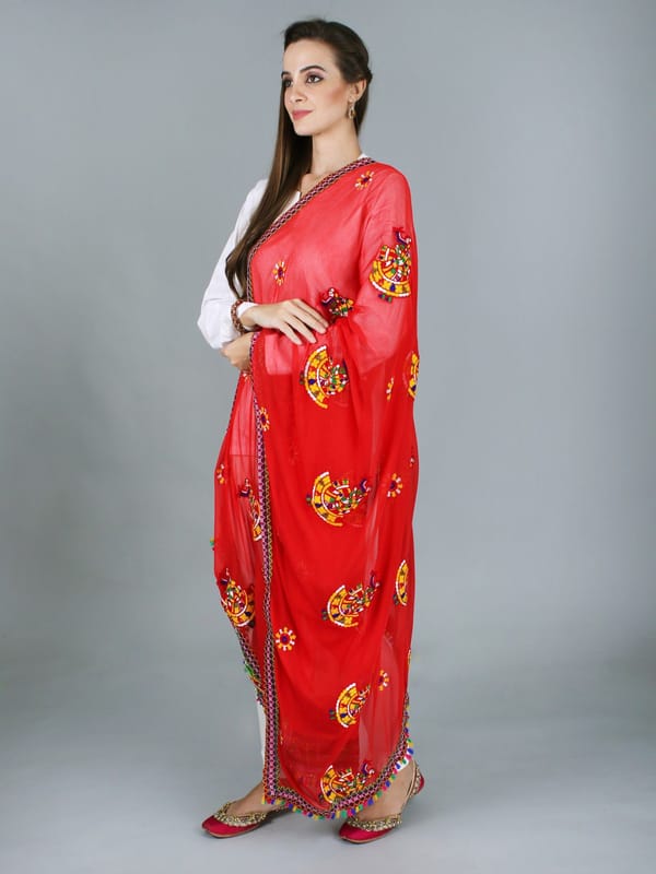 Red Phulkari Dupatta With Sequin Embroidered Dandiya Motif And Saori ...