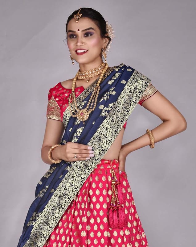 Rani And Navy Blue Banarasi Silk Lehenga With Unstitched Blouse And Dupatta