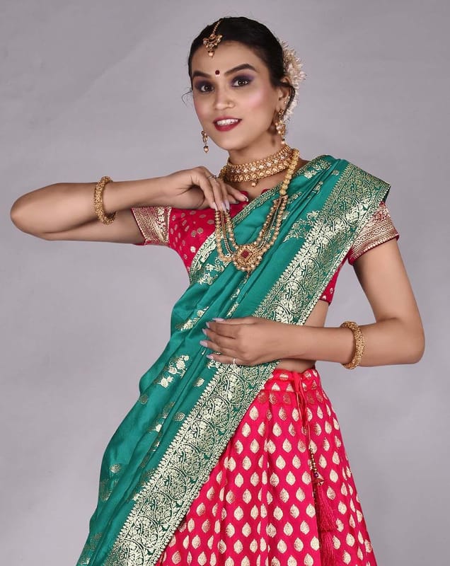 Rani And Rama Banarasi Silk Lehenga With Unstitched Blouse And Dupatta