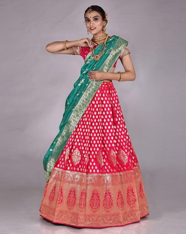 Rani And Rama Banarasi Silk Lehenga With Unstitched Blouse And Dupatta