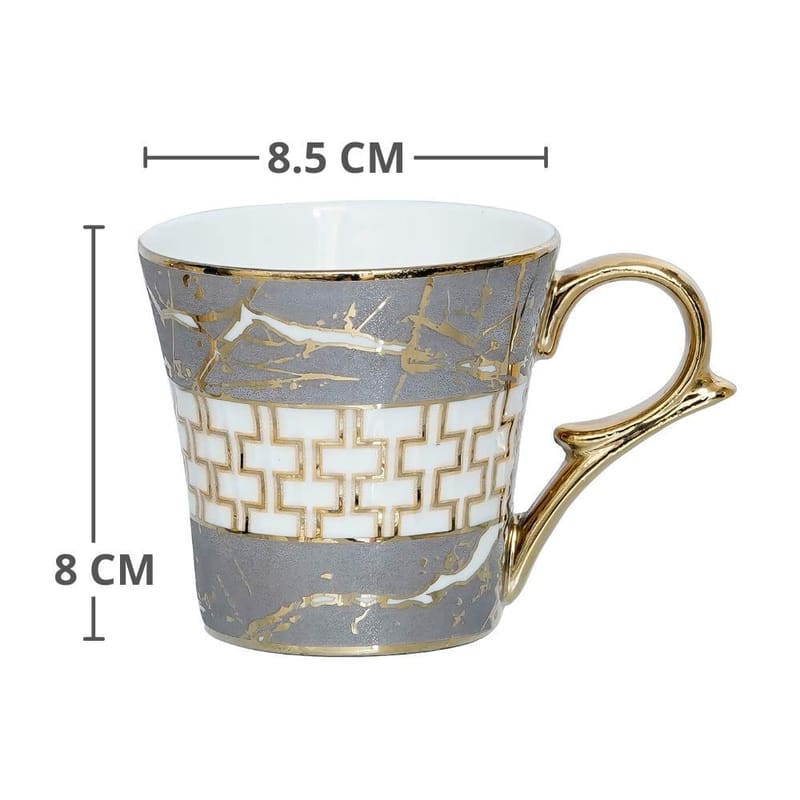 Femora Indian Ceramic Grey Gold Line Tea Cup - 6 Pcs, 155 ML