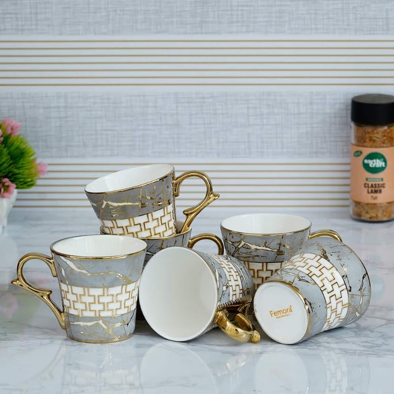 Femora Indian Ceramic Grey Gold Line Tea Cup - 6 Pcs, 155 ML