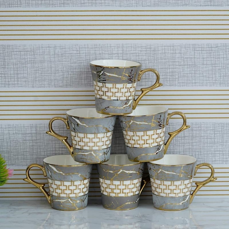 Femora Indian Ceramic Grey Gold Line Tea Cup - 6 Pcs, 155 ML