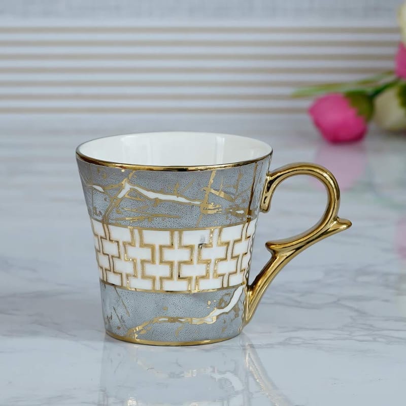Femora Indian Ceramic Grey Gold Line Tea Cup - 6 Pcs, 155 ML