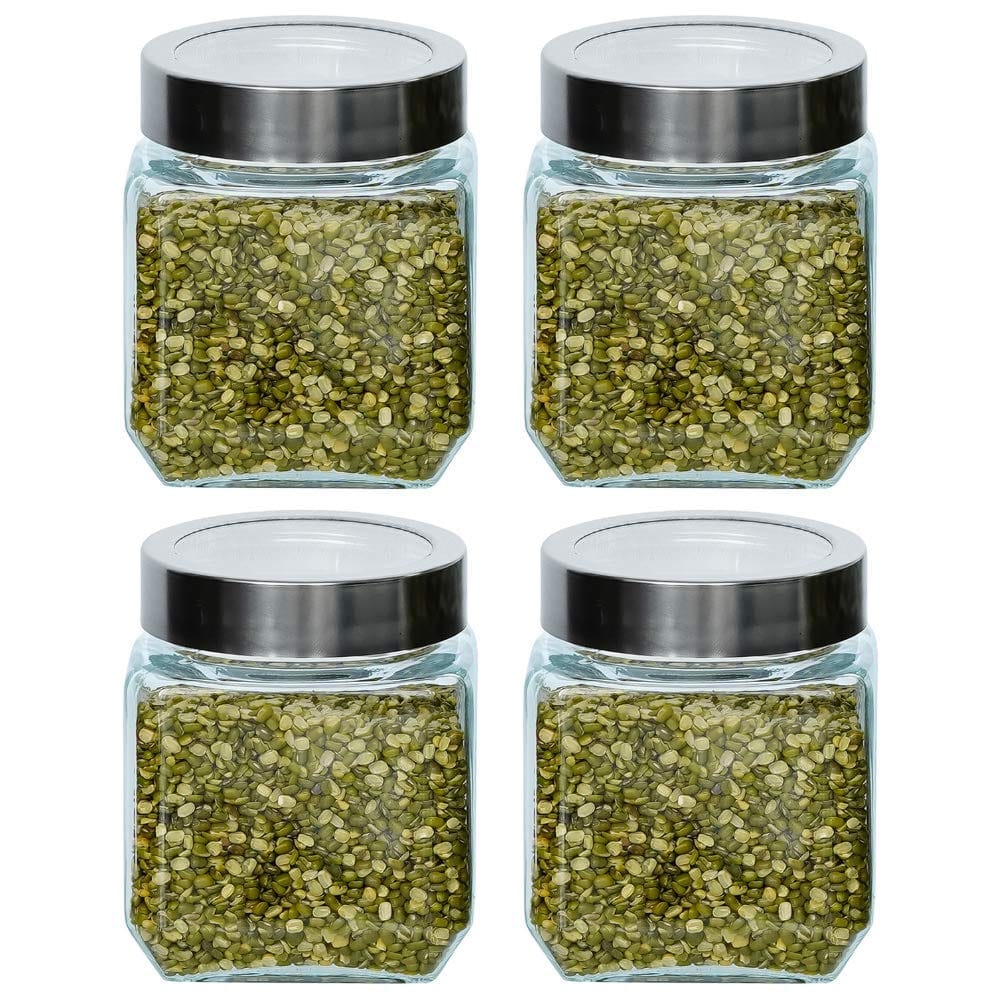 Femora Glass Transparent Cuboid Kitchen Storage Jar- 500ML, Set of 4 ...