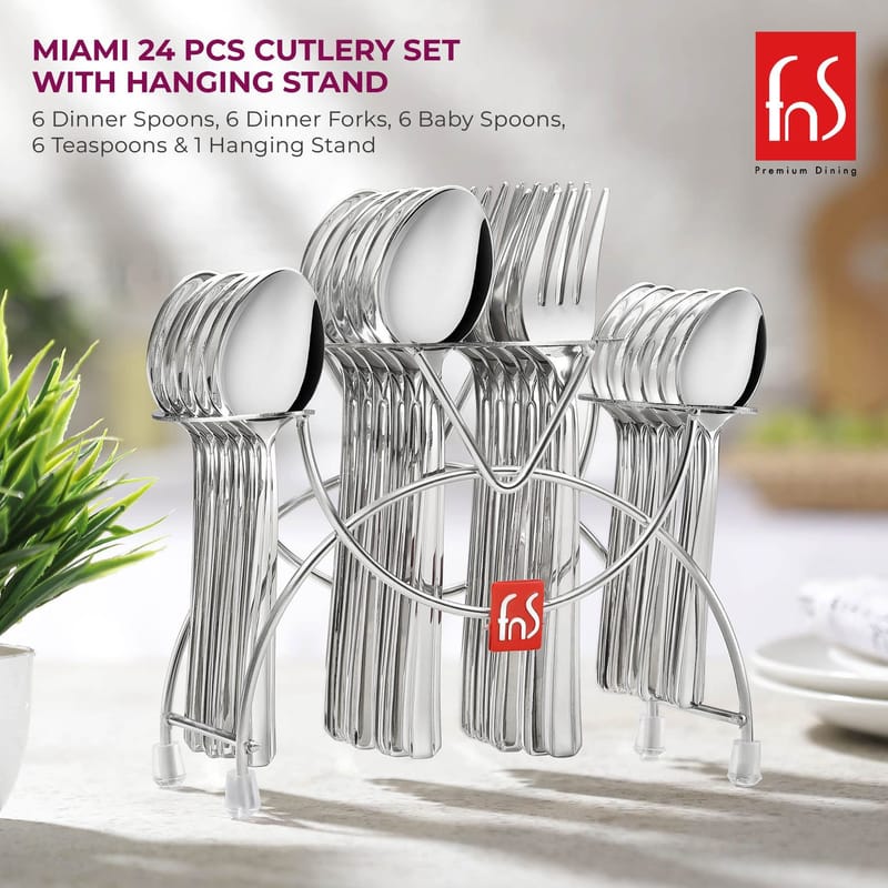 FnS Miami Classic Line Pattern Cutlery Set with Hanging Stand