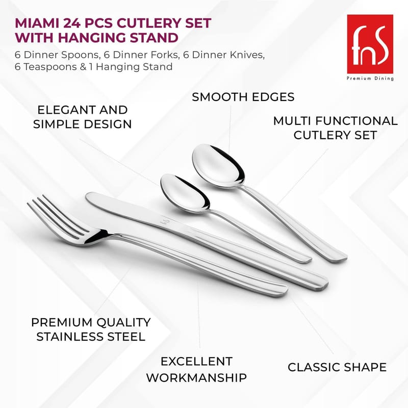 FnS Miami Classic Line Pattern Cutlery Set with Hanging Stand