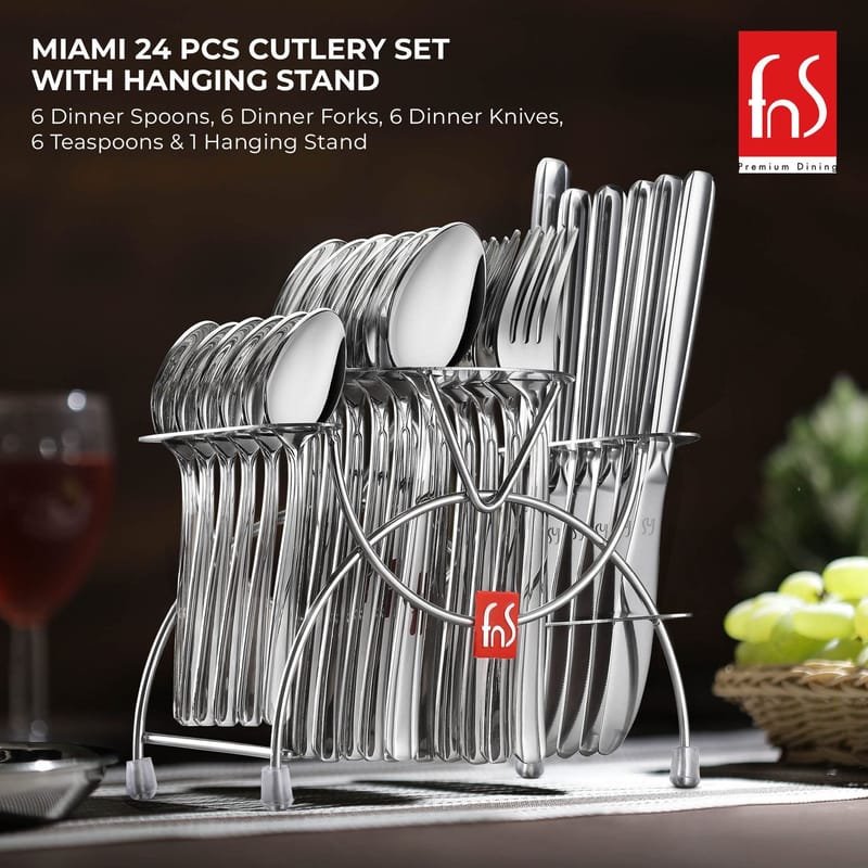 FnS Miami Classic Line Pattern Cutlery Set with Hanging Stand