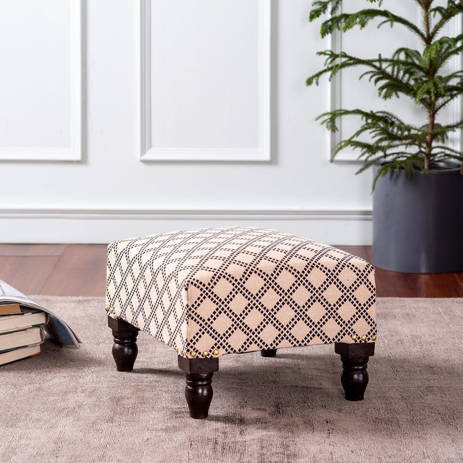Quad Jacquard Wooden Foot Stool in Cream Color