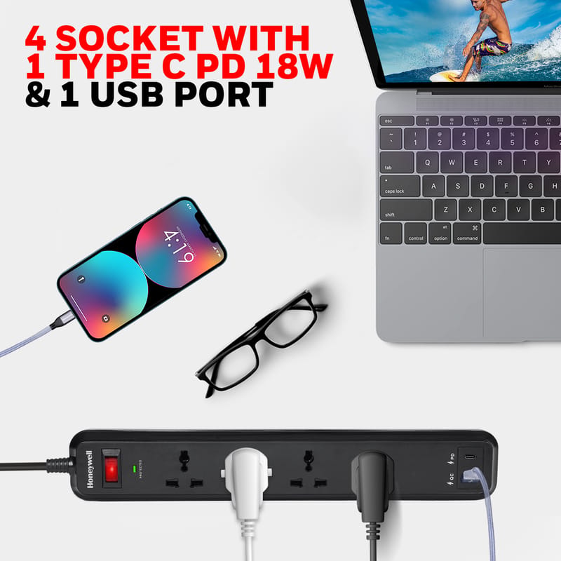 Honeywell Surge Protector With 4 Universal Sockets + USB-A, Type C And ...