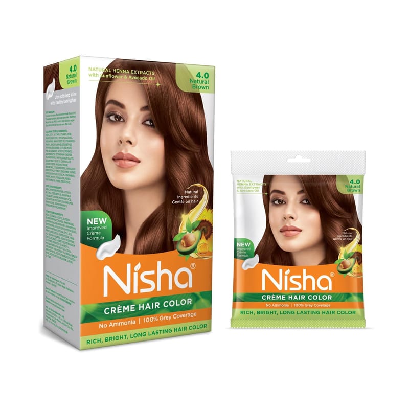 Nisha Creme Hair Color Combo Pack 4.0 Natural Brown (120g Box & 40g ...