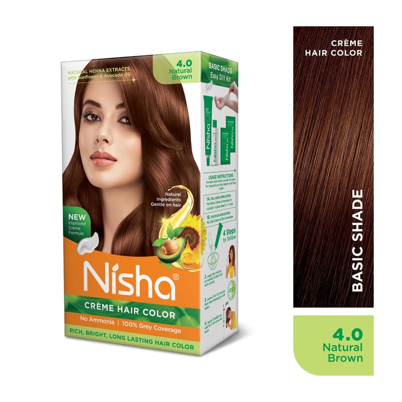 Nisha Creme Hair Color Combo Pack 4.0 Natural Brown (120g Box & 40g ...