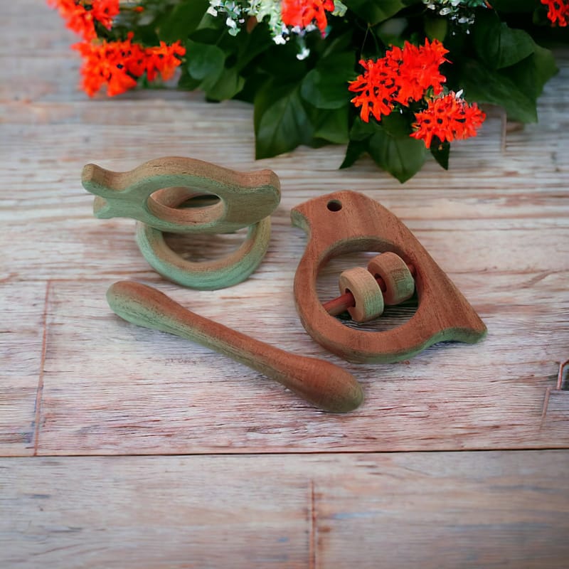Neemtoys Neem Wooden Rattle and Teethers, Sparrow, Mango, Dumbbell and ...