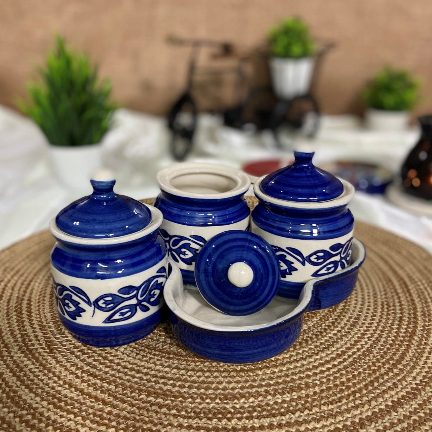 Ceramic Dining Royal Blue Floral Hand-painted Three Pickle Ceramic Jars ...