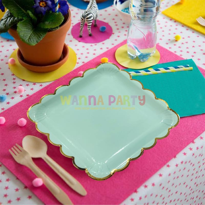 Wanna Party 10" Lime Green Square Plates with Golden Rim - 10 PC