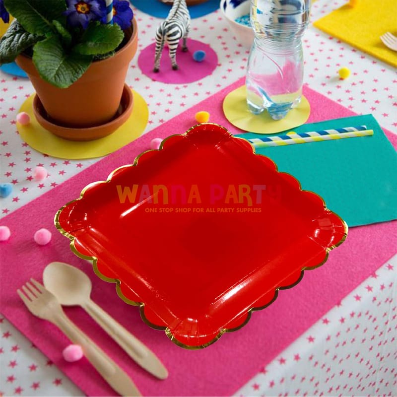 Wanna Party 10" Red Square Plates with Golden Rim - 10 PC