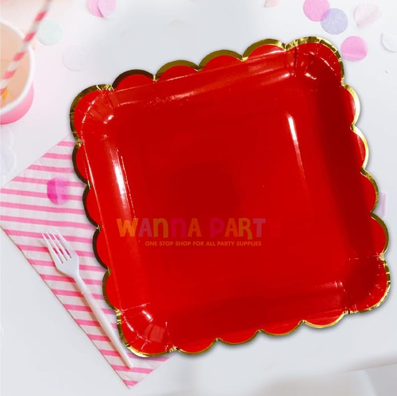 Wanna Party 10" Red Square Plates with Golden Rim - 10 PC