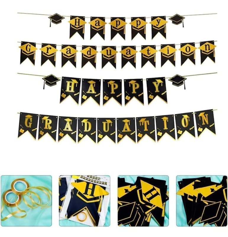 Wanna Party HaPPy Graduation Hat Banner Black & Gold