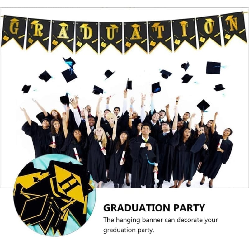 Wanna Party HaPPy Graduation Hat Banner Black & Gold