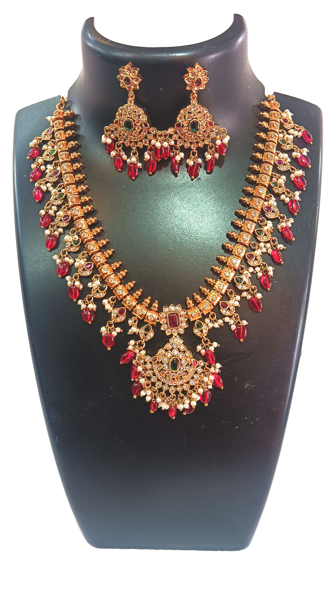 Gold-plated traditional Indian necklace set with rubies and pearls